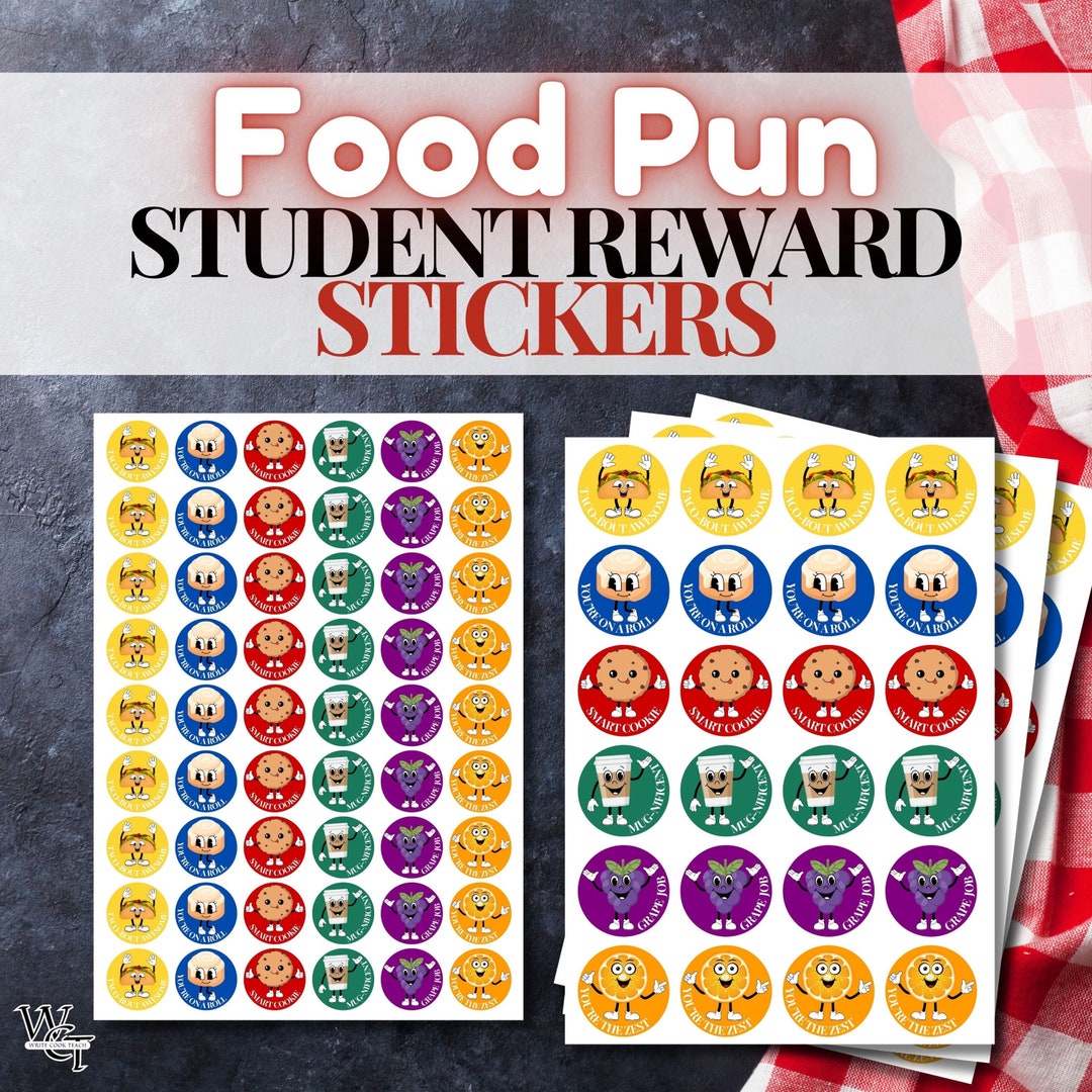 Food Pun Student Reward Stickers Featuring Sets of 24 and 54 With Bonus ...