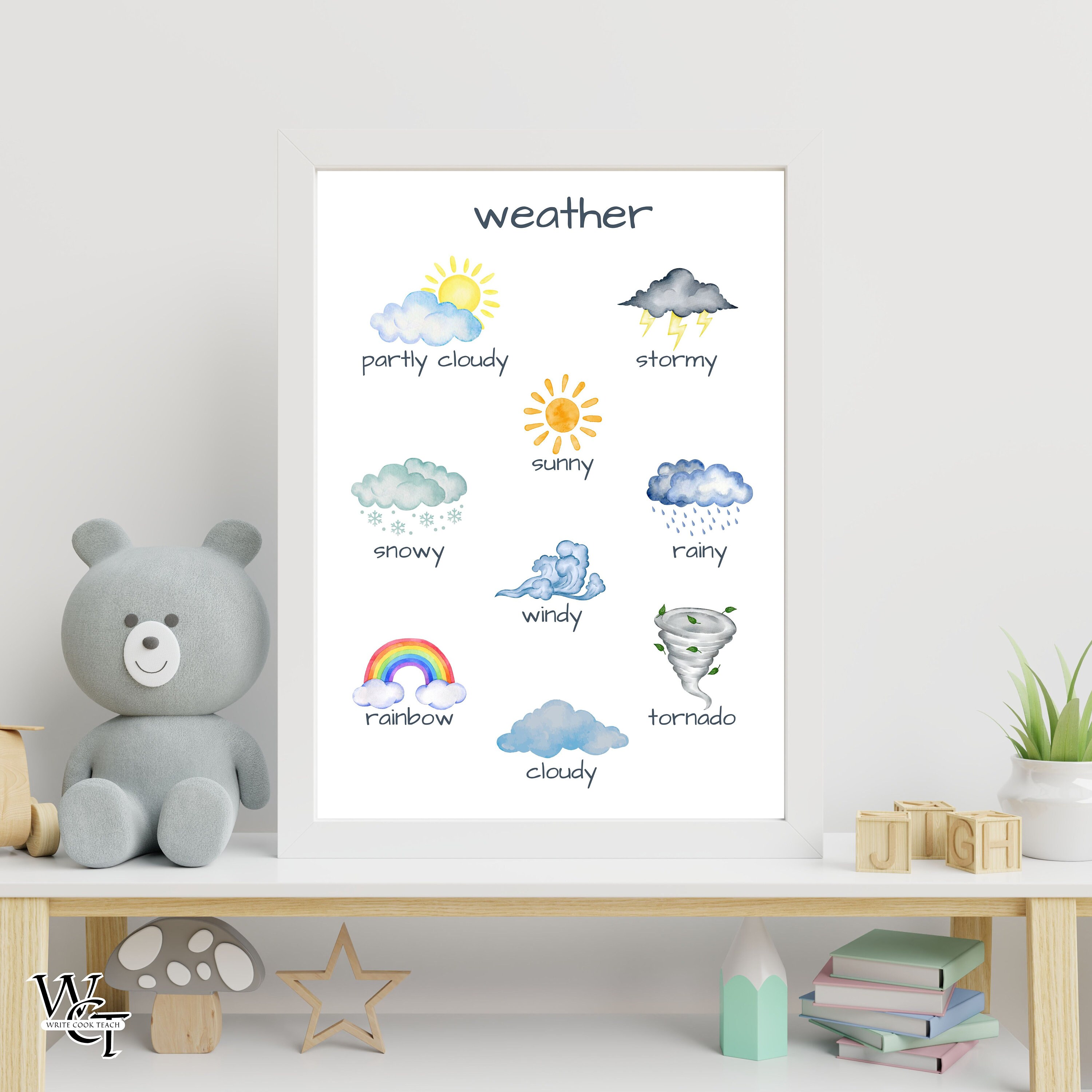 Watercolor Weather Poster, Weather Chart for Kids, Educational Playroom ...