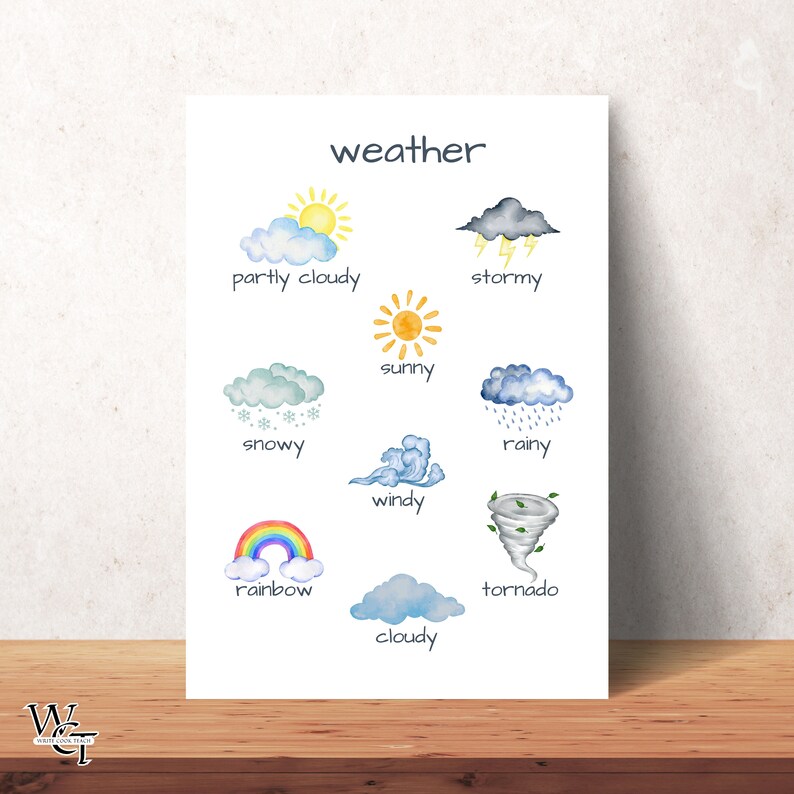 Watercolor Weather Poster, Weather Chart for Kids, Educational Playroom ...