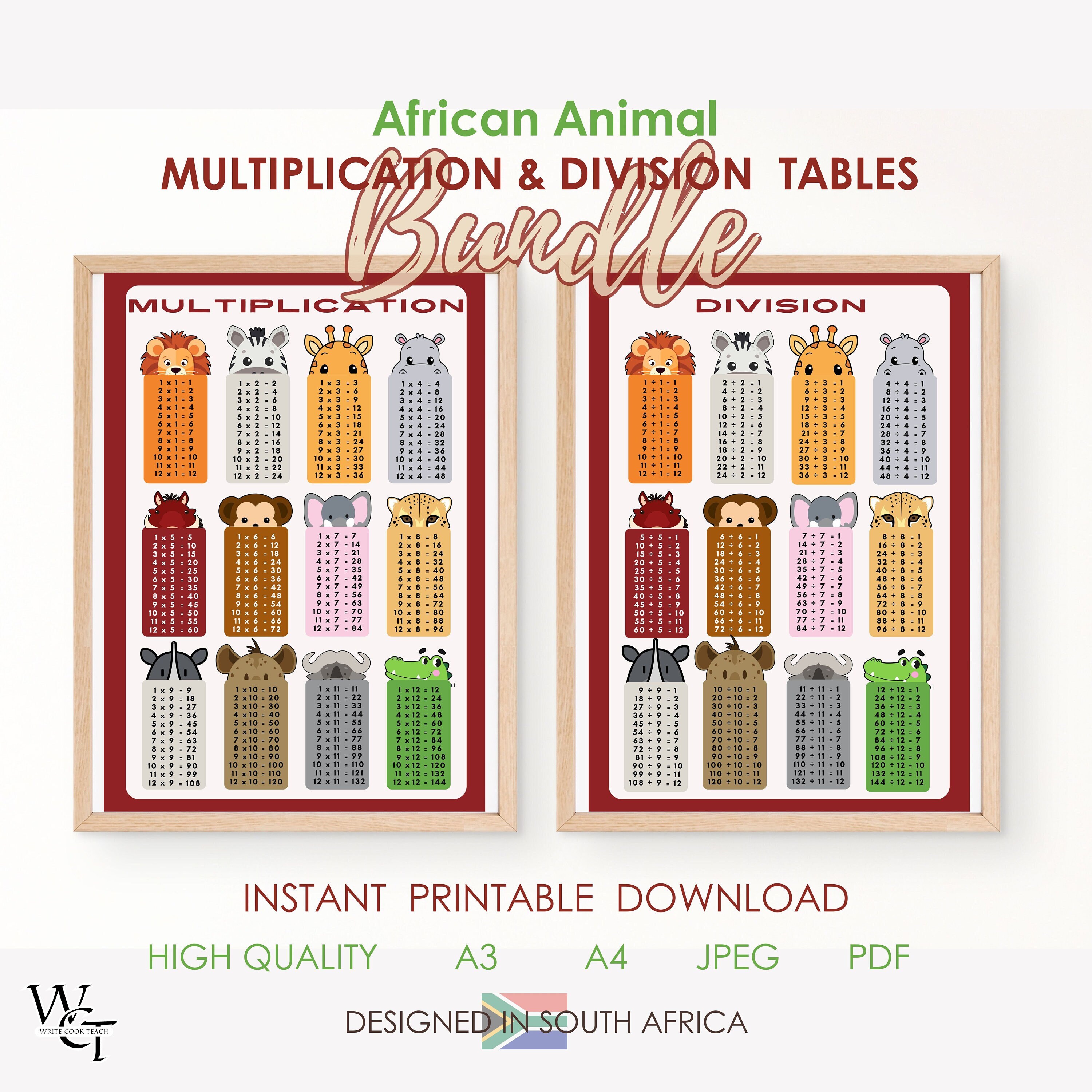 Multiplication & Division Tables Bundle Charts With African Animals ...