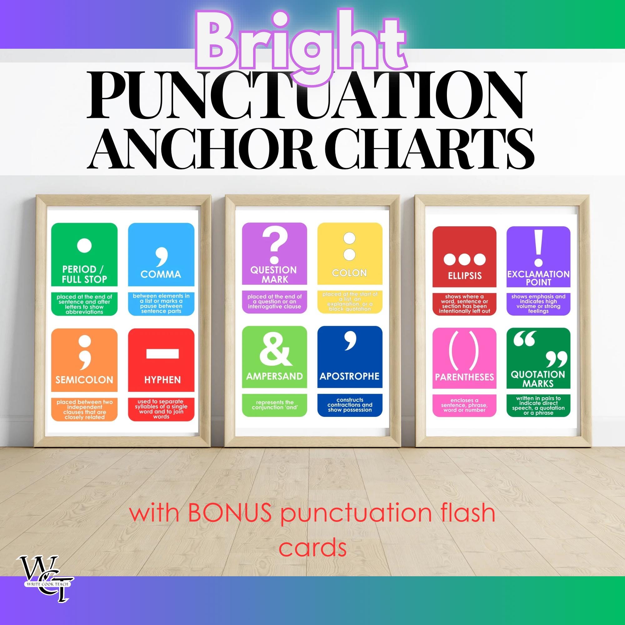Bright Punctuation Anchor Charts With Bonus Punctuation Flash Cards ...