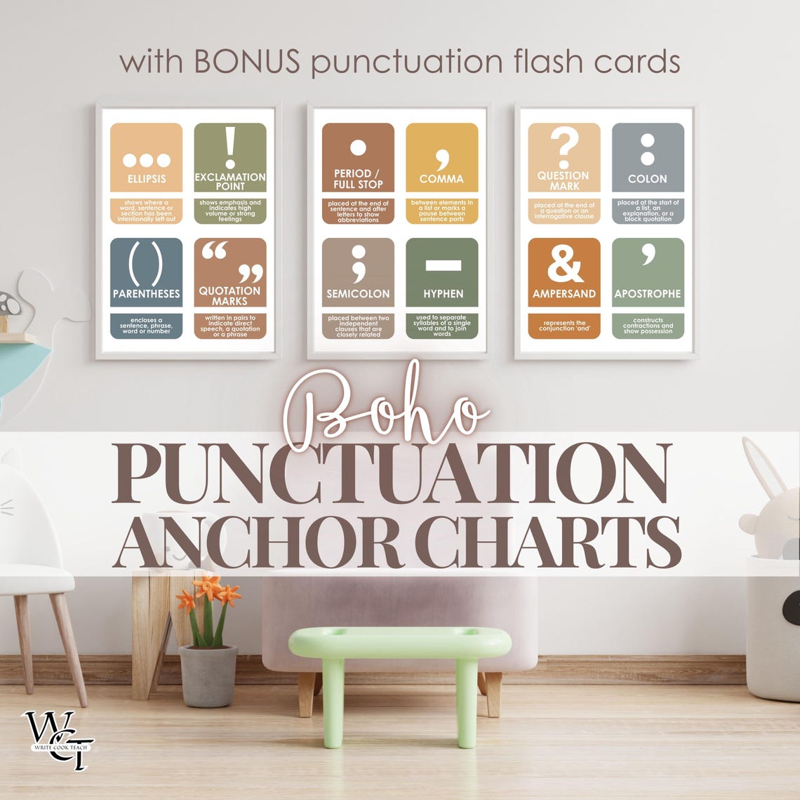 Boho Punctuation Anchor Charts With Bonus Punctuation Flash Cards With ...