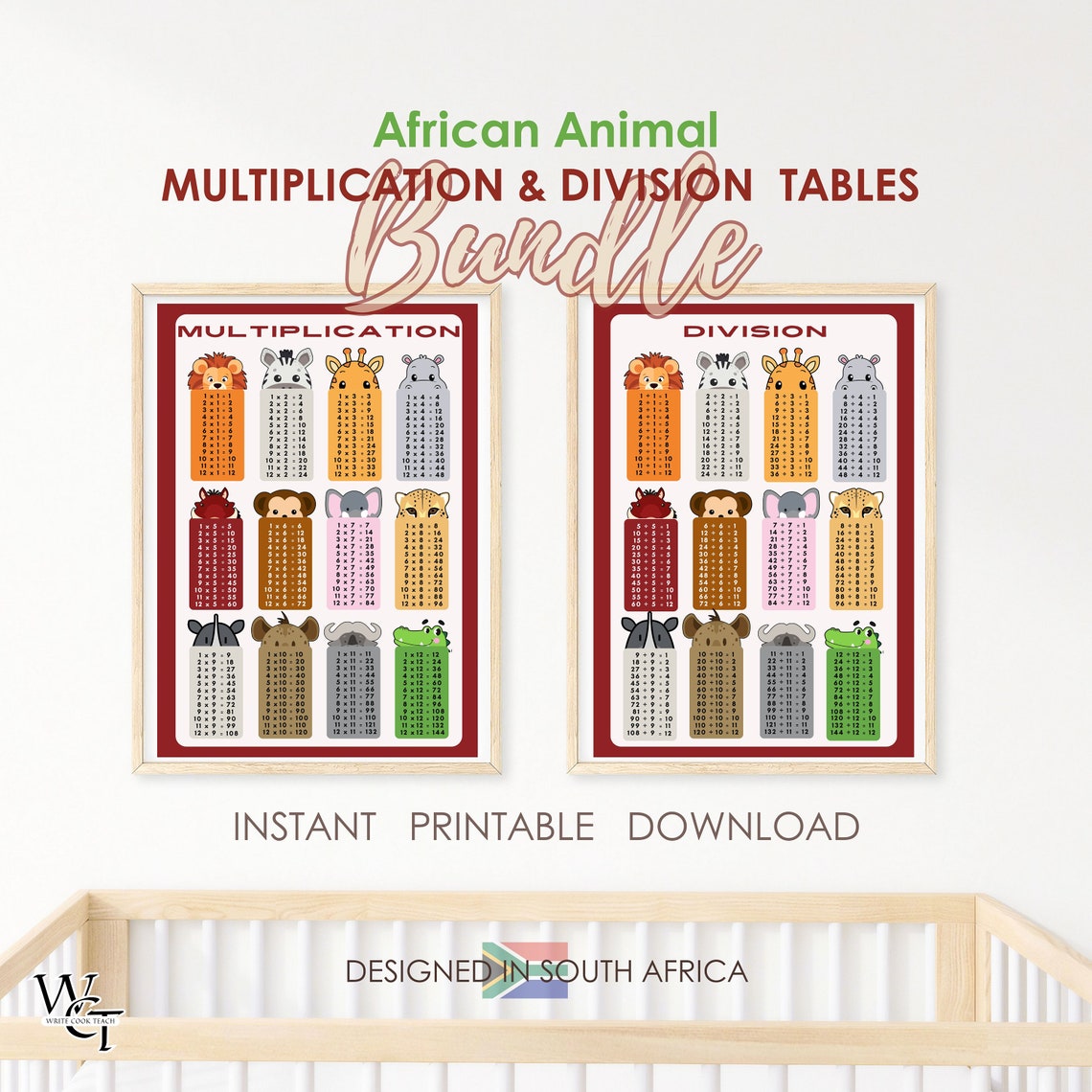 Multiplication & Division Tables Bundle Charts With African Animals ...