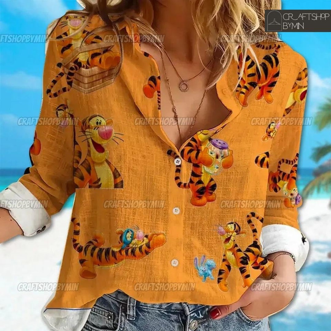 Tigger Linen Linen Shirt, Tigger Cartoon Women Blouses Shirt, Tigger ...