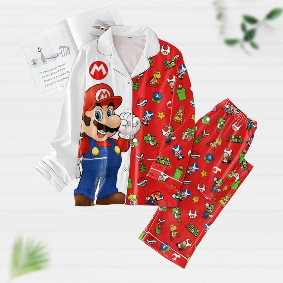 Mario Pajamas Set, Super Mario Pajamas, Toad Yoshi Peach Long Sleeve ...