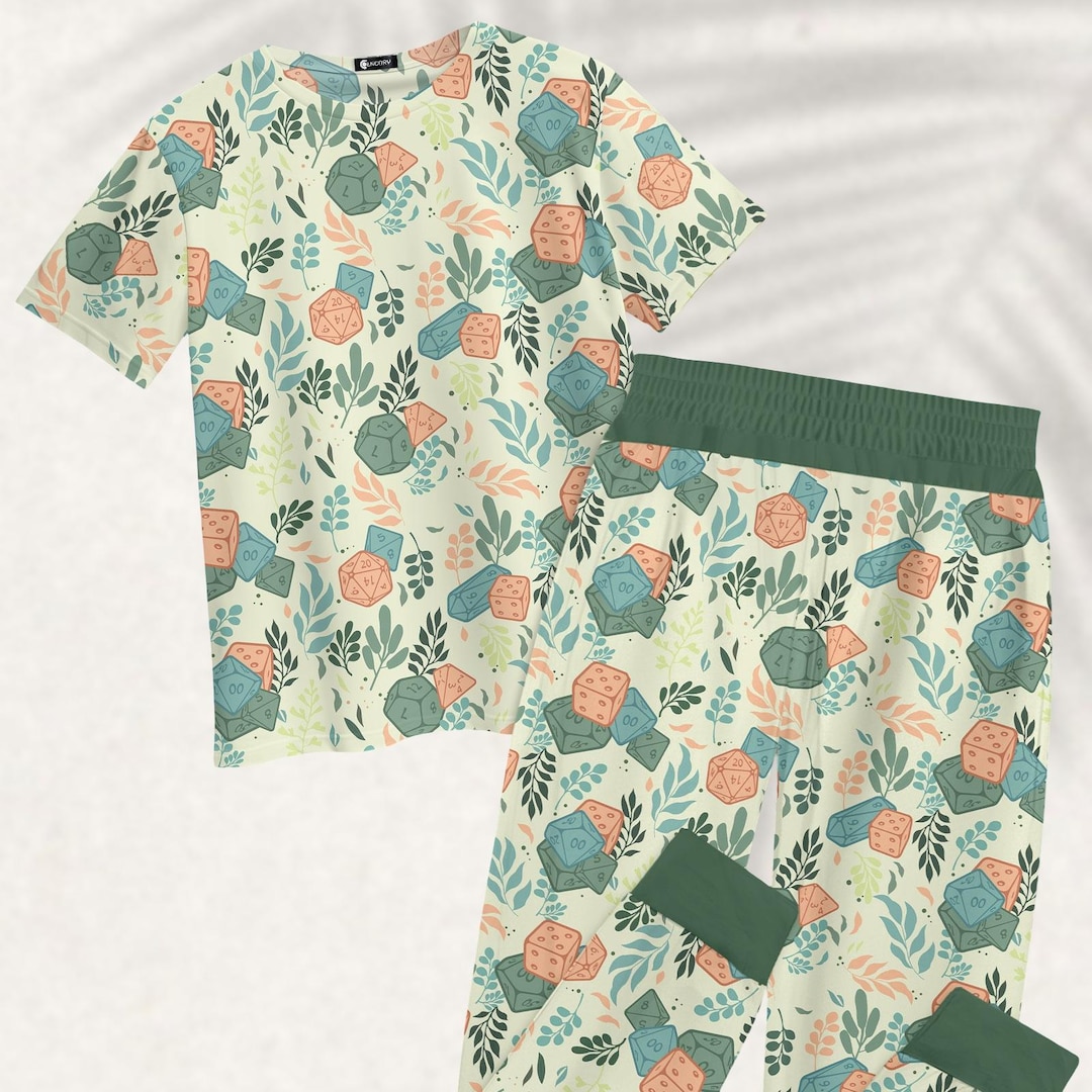 Dnd Dice Tshirt and Pant Pajama Set, Botanical Rpg Womens Pajamas, Cute ...