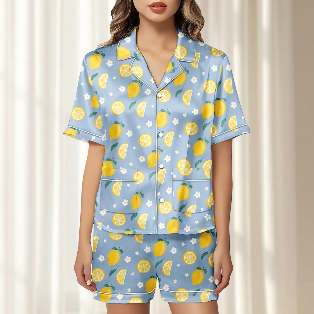 Lemon Satin Pajamas Short Set, Cute Fruit Women Sleepwear, Cute Summer ...