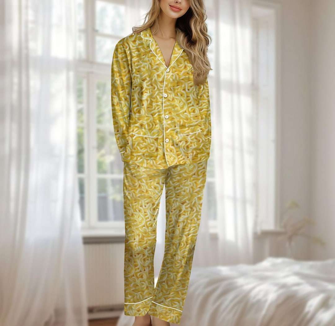 Funny Ramen Noodle Satin Pajama Set, Food Print Sleepwear, Quirky Cozy ...