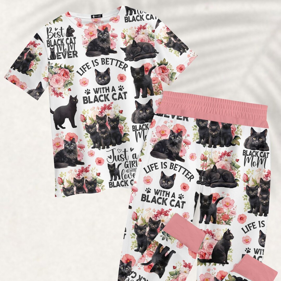 Black Cat Pajama Set, Cute Floral Women Pajamas, Just A Girl Who Loves ...