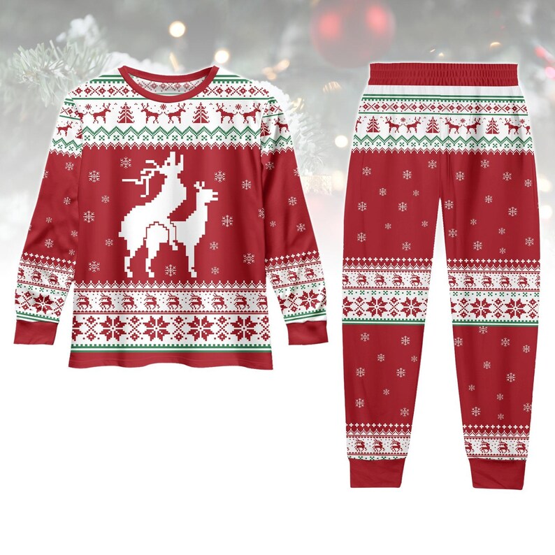 Funny Reindeer Christmas Pajamas, Red Ugly Xmas Pajama Set, Humping Reindeer Matching Pajamas ...