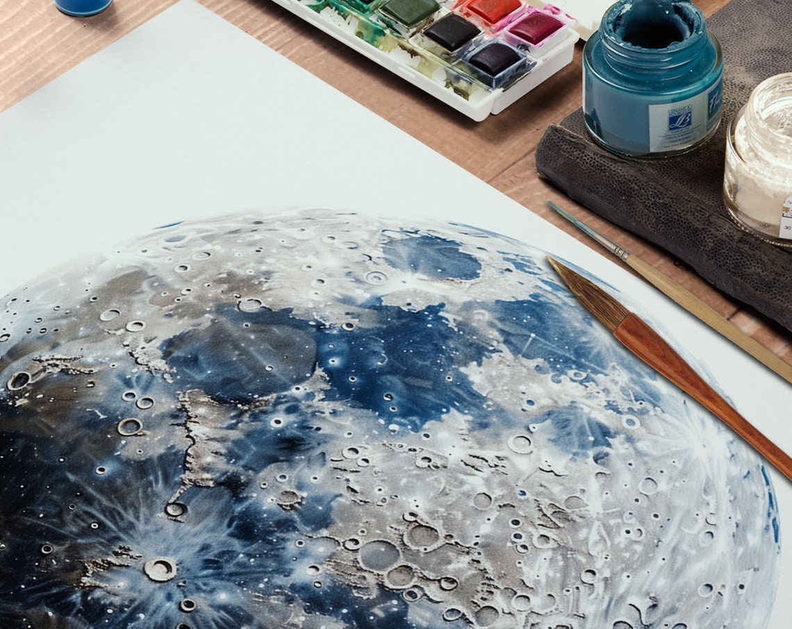 Moon Print,watercolor Painted Moon,beautiful Bright Moon,moon ...