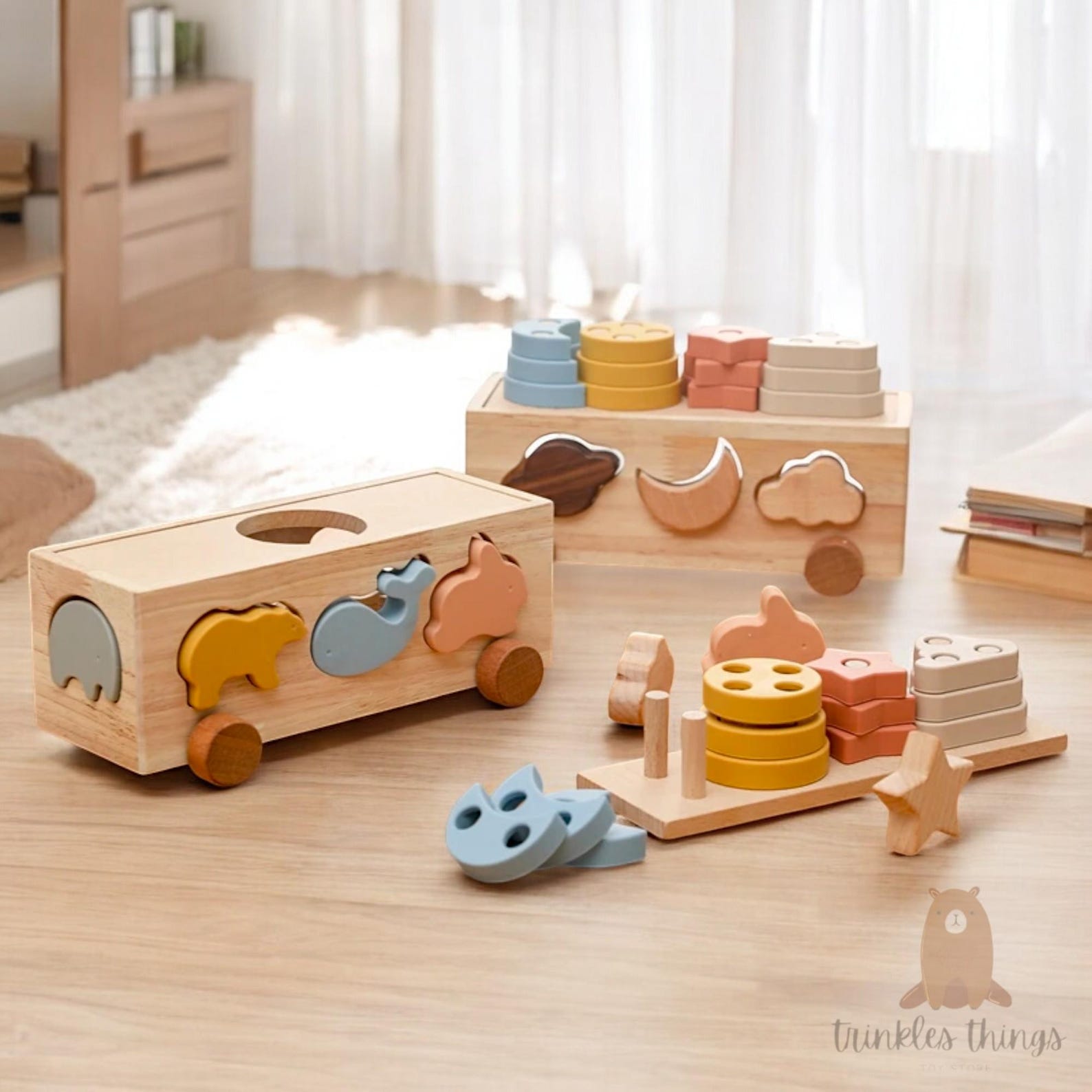 Wooden Pull Along Car, Montessori Shape Sorter Toy, Car Shape Matching ...