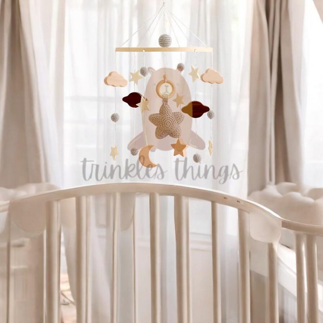 Baby Crib Mobile Bed Bell Rattle Toy, Wooden Crochet Stars Pendant Bed ...