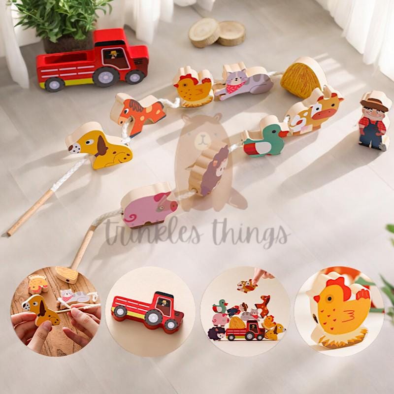 Montessori Animal Stacking Farm, Wooden Farm, Threading Rope ...