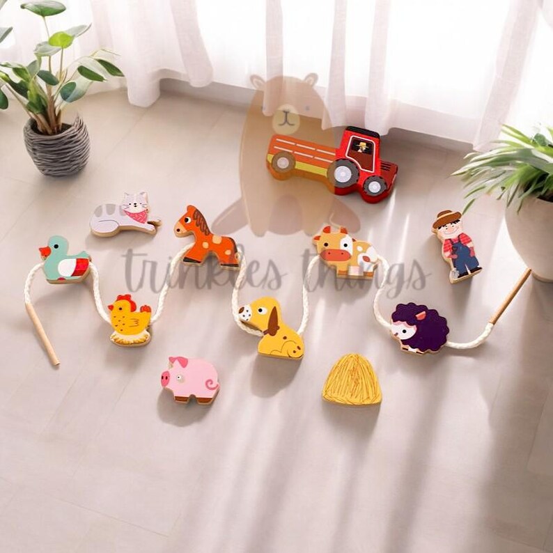 Montessori Animal Stacking Farm, Wooden Farm, Threading Rope ...