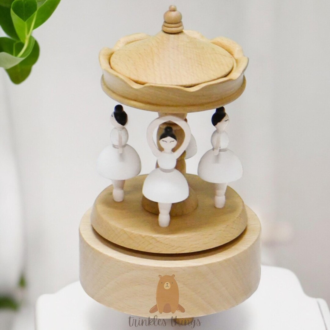 Wooden Ballet Music Box, Musical Carousel, Vintage Wood Carved Musical ...