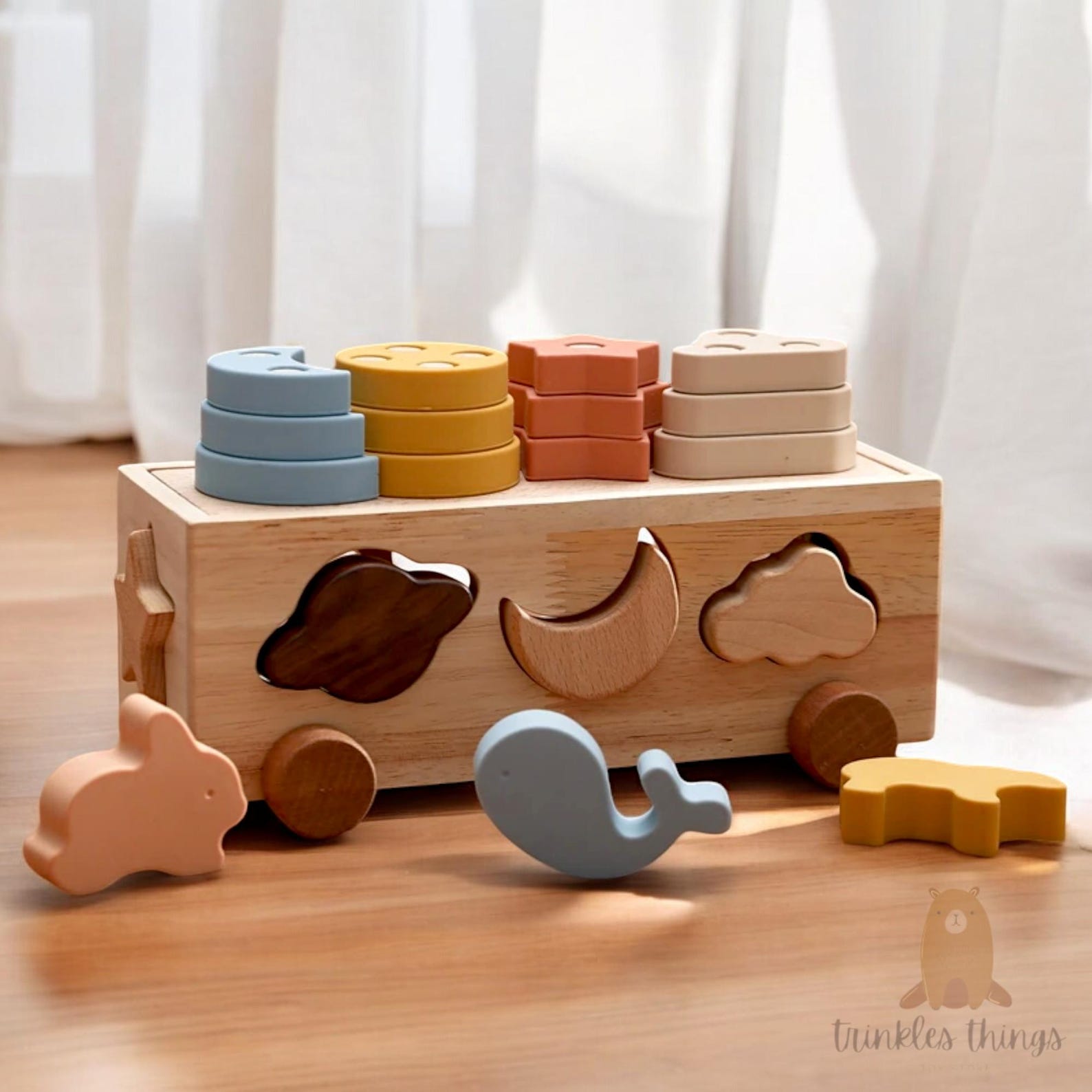 Wooden Pull Along Car, Montessori Shape Sorter Toy, Car Shape Matching ...