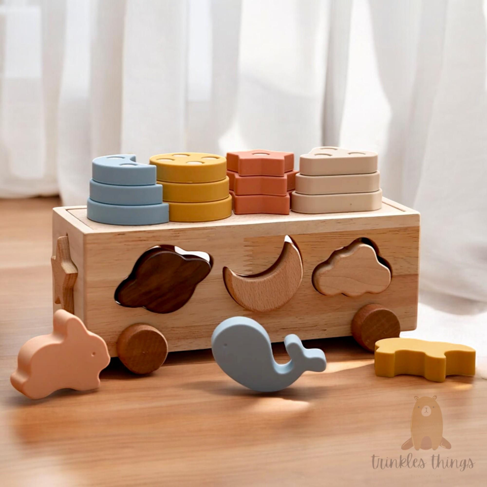 Wooden Pull Along Car, Montessori Shape Sorter Toy, Car Shape Matching ...