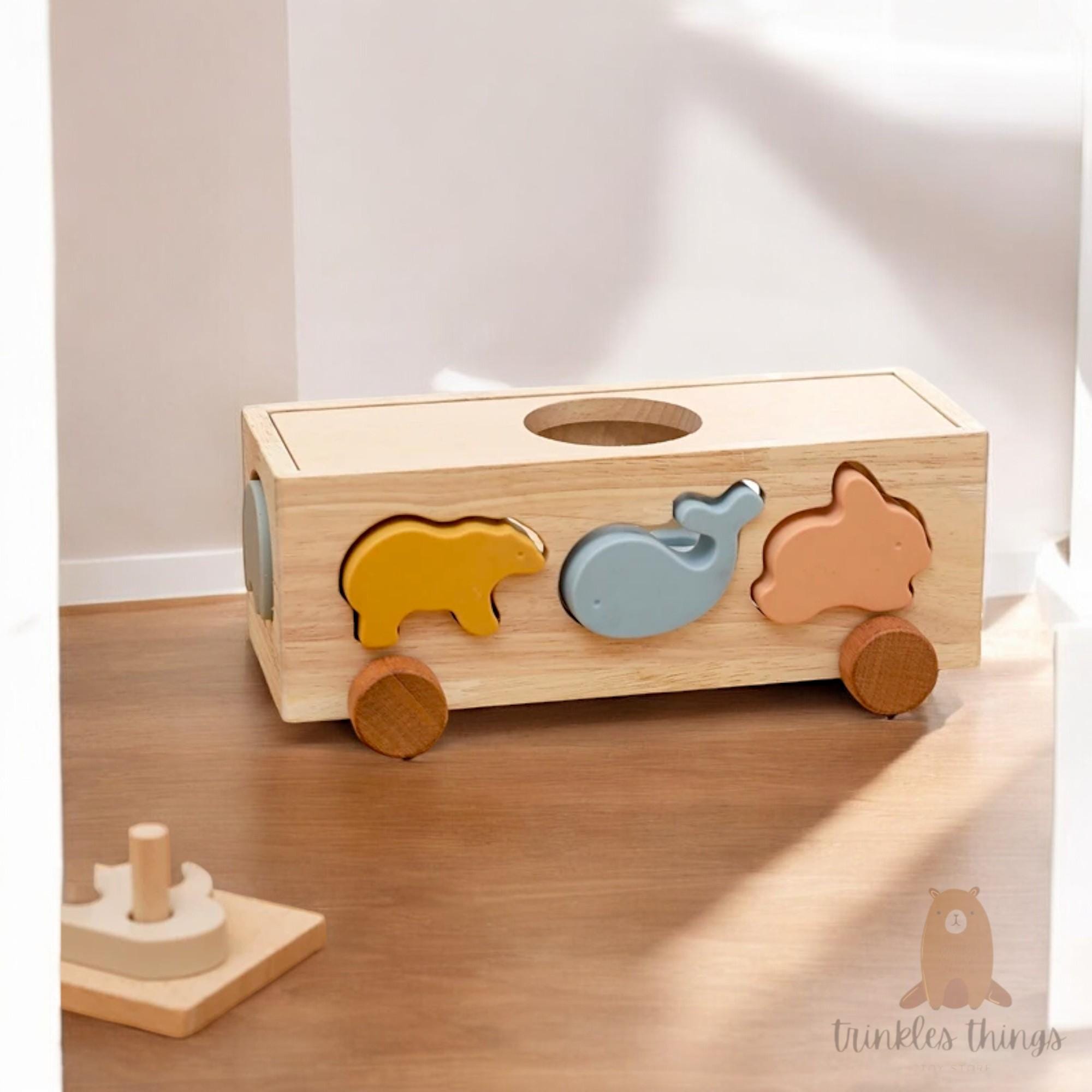 Wooden Pull Along Car, Montessori Shape Sorter Toy, Car Shape Matching ...