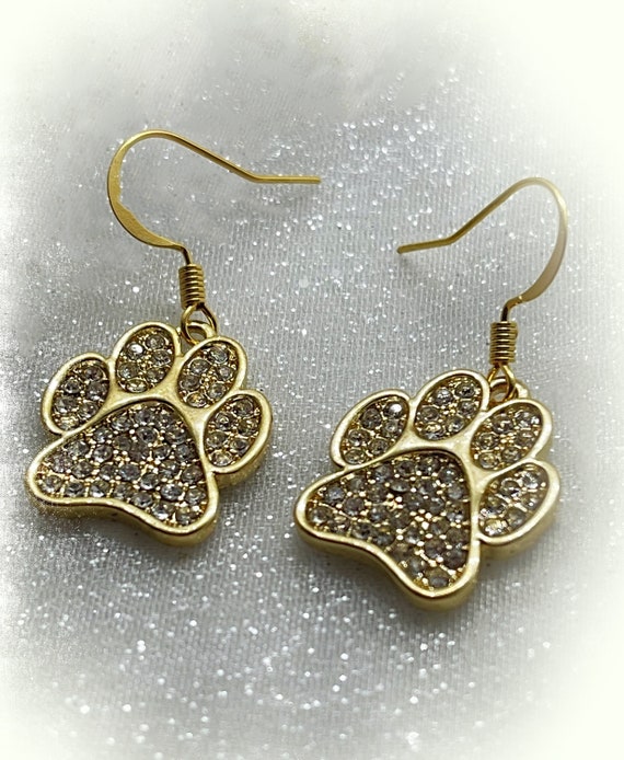 Cute Shiny and Sparkly Dangle and Drop Gold Dog Paws Pierced | Etsy