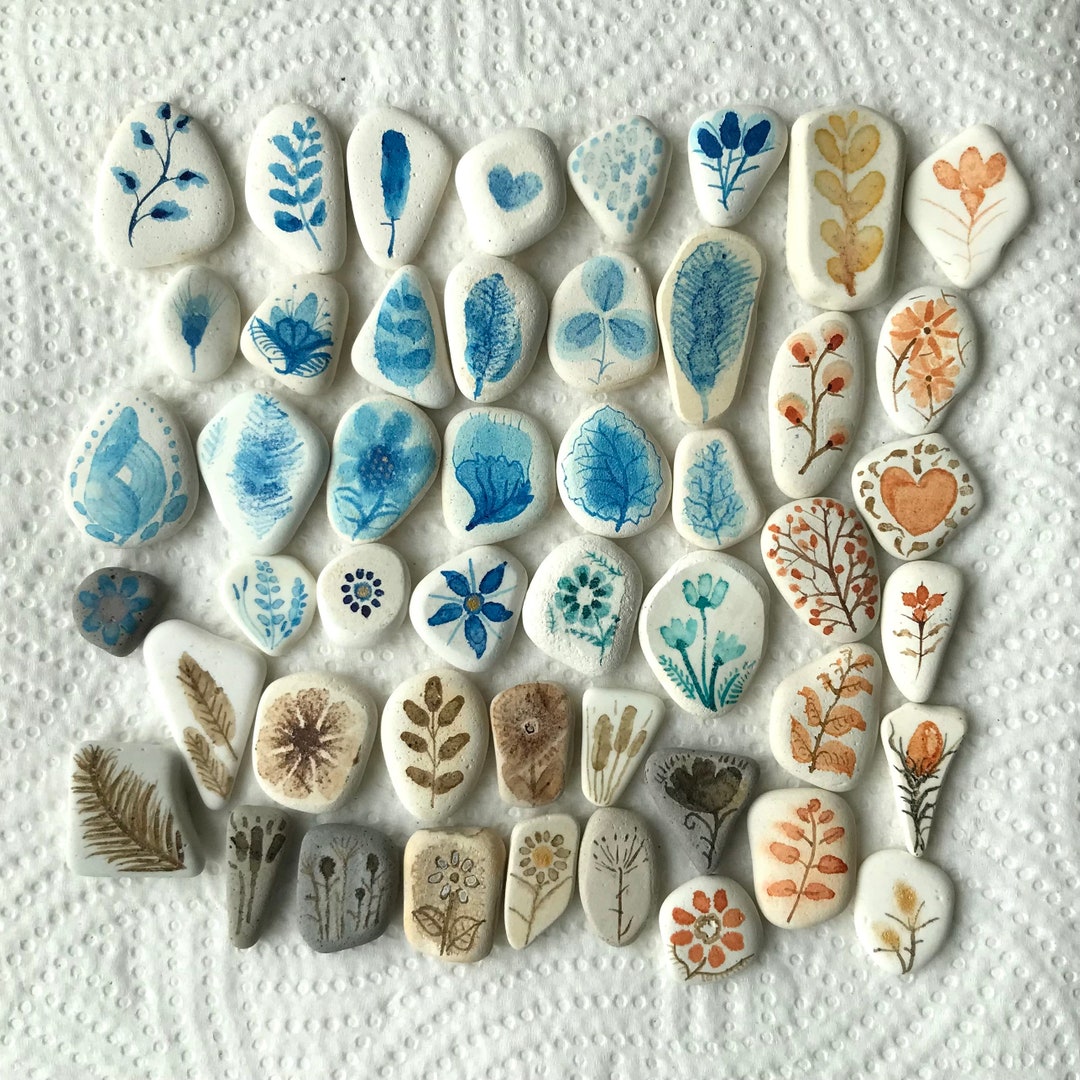 Hand Painted Sea Pottery Nature Stones Flower and Fern Cabochon ...