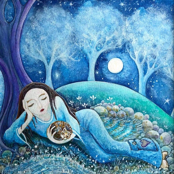 Moon River Limited Edition Art Print Girl and Cat by Moonlight - Etsy