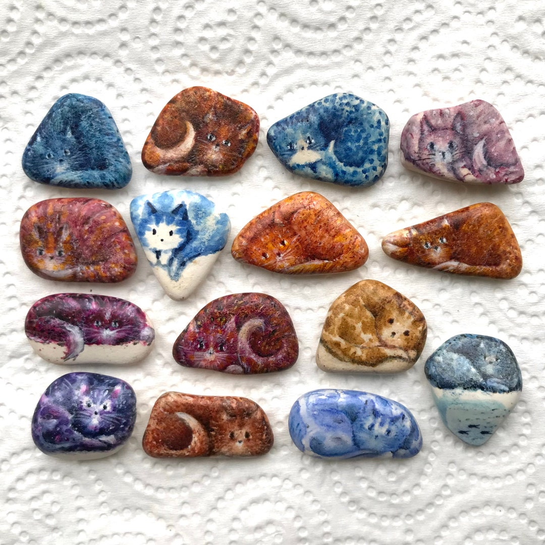 Hand Painted Sea Pottery Cat Painted Stone Small Pocket Stone Cabochon ...