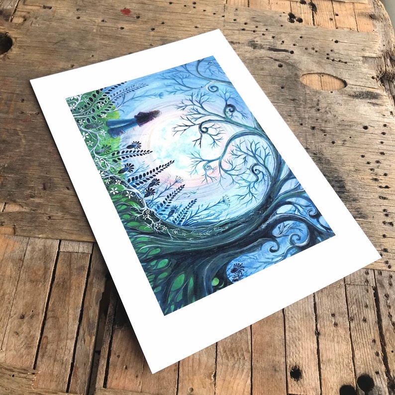 Wonder Moon Limited Edition Print Whimsical Art Girl Tree Moon Vines ...