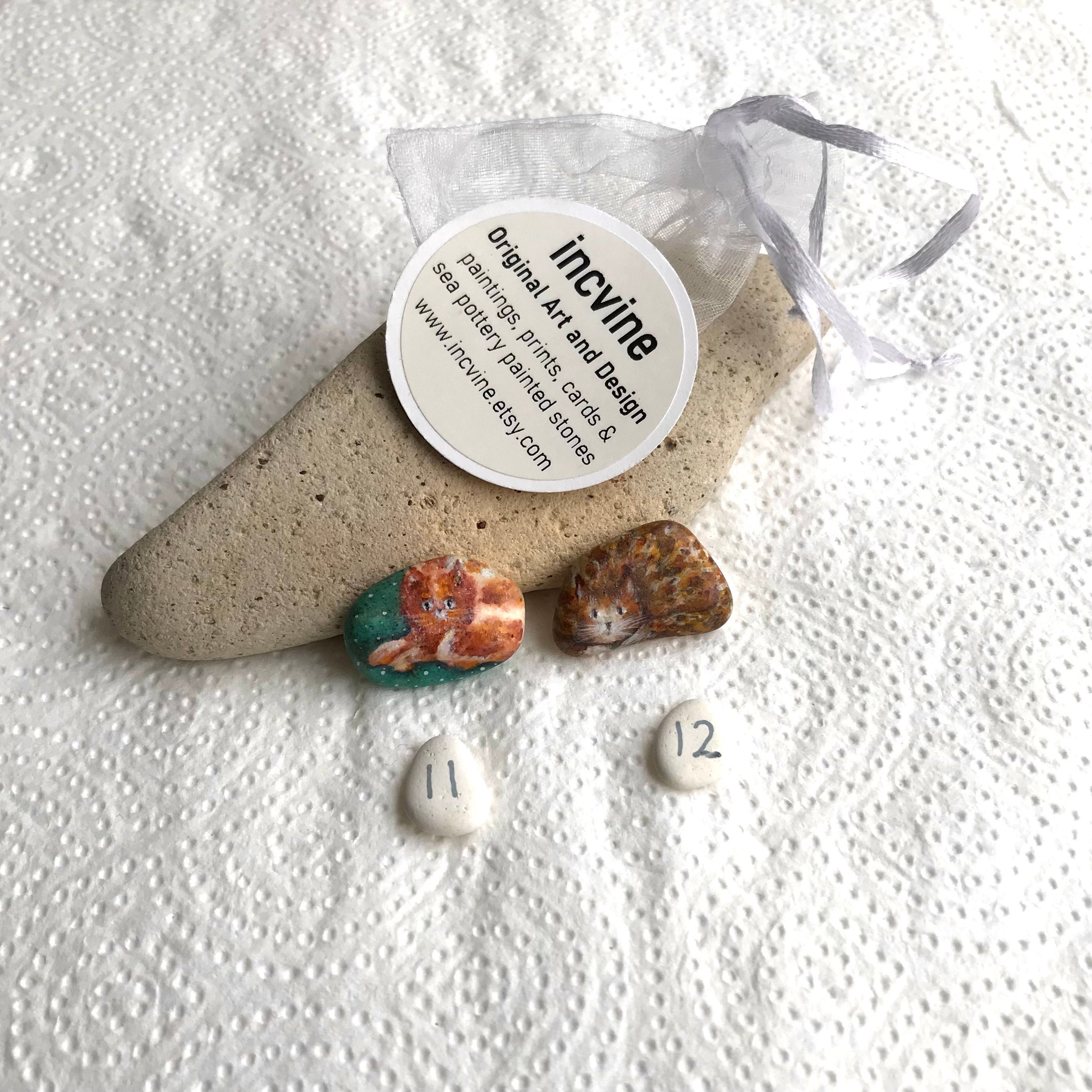 Cute Cat Painted Stone Hand Painted Sea Pottery Cabochon Small Pocket ...