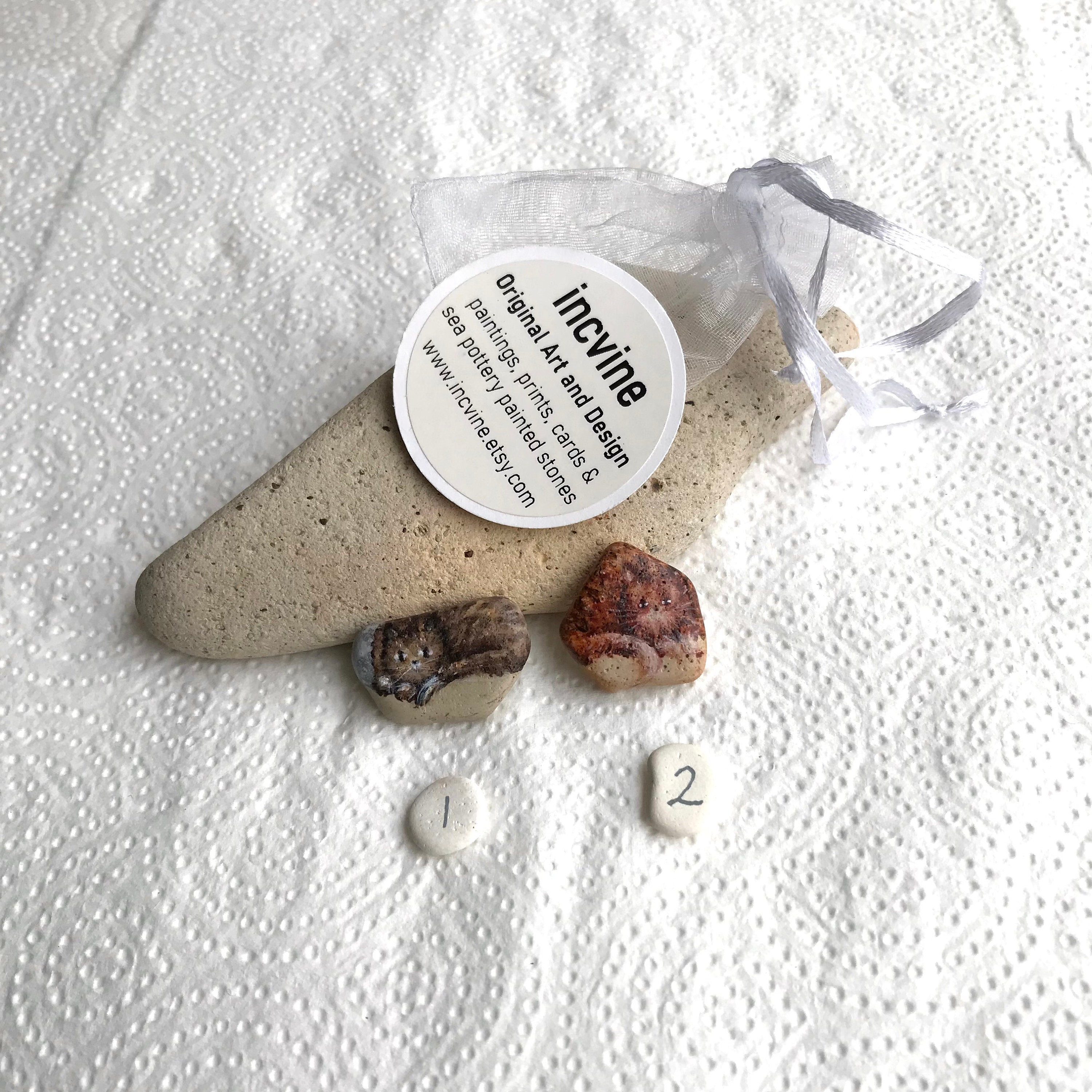 Cute Cat Painted Stone Hand Painted Sea Pottery Cabochon Small Pocket ...