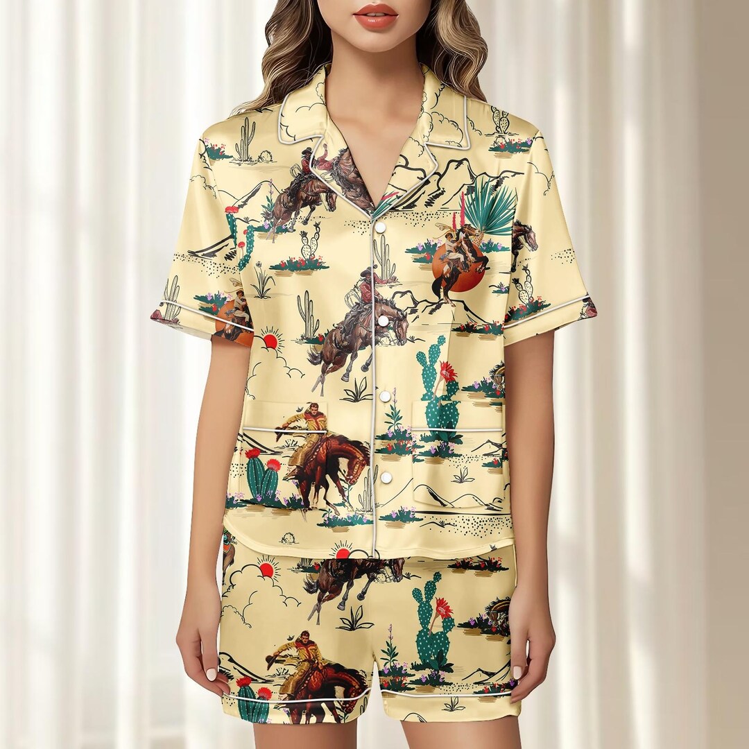 Western Cowboy Satin Pajamas Short Set, Vintage Rodeo Matching Pjs ...