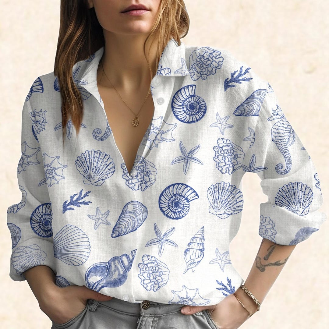 Seahorse Seashell Coral Blouse Shirt, Beach Ocean Women Blouse, Pastel ...