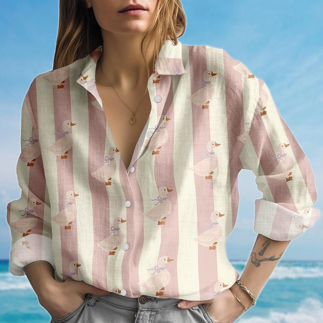 Cottagecore Duck Blouse Shirt, Pink Stripe Women Shirt, Farm Animal ...