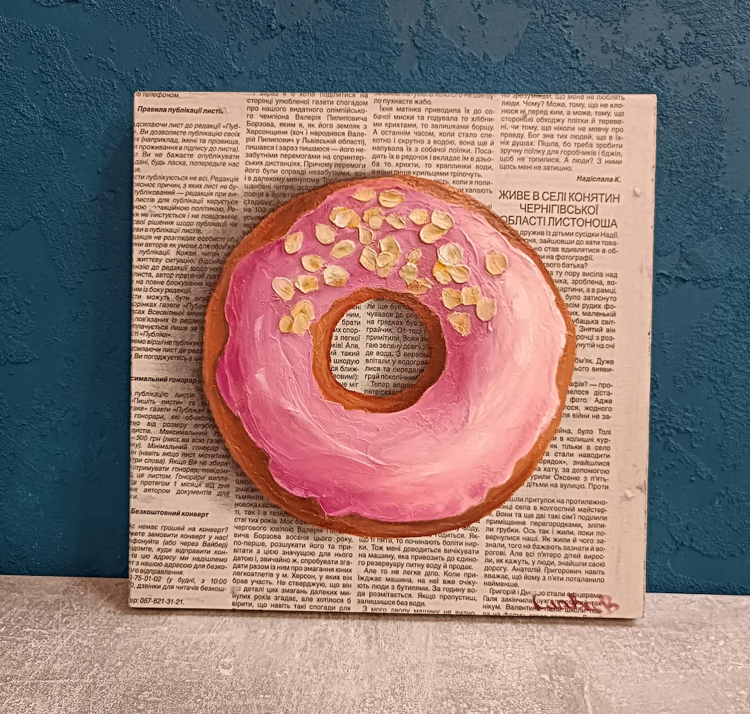 Pink Donut Painting on Newspaper Original Oil Painting Food Painting ...