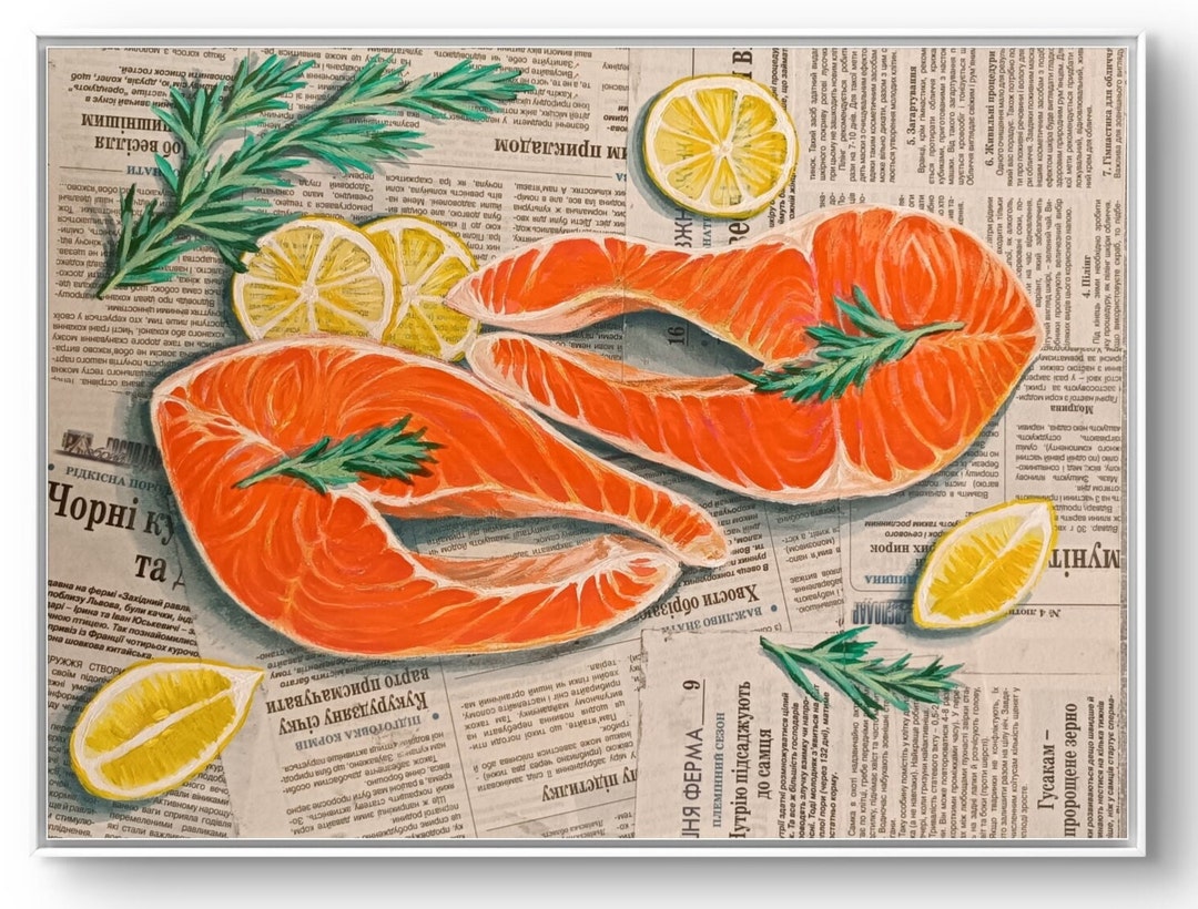 Salmon Painting on Newspaper Fish Acrylic Painting Food Painting ...
