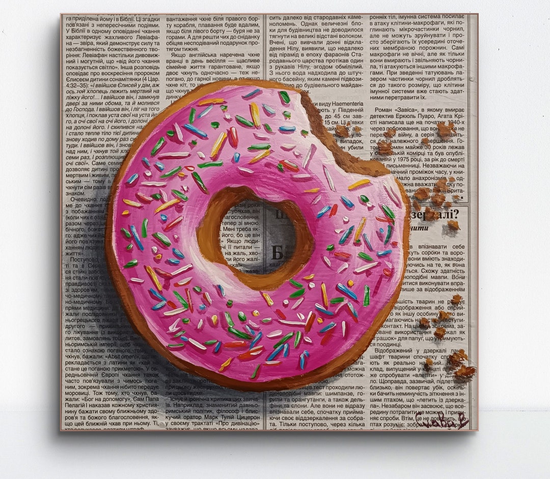 Pink Donut Painting on Newspaper Acrylic Painting Food Painting Dessert ...