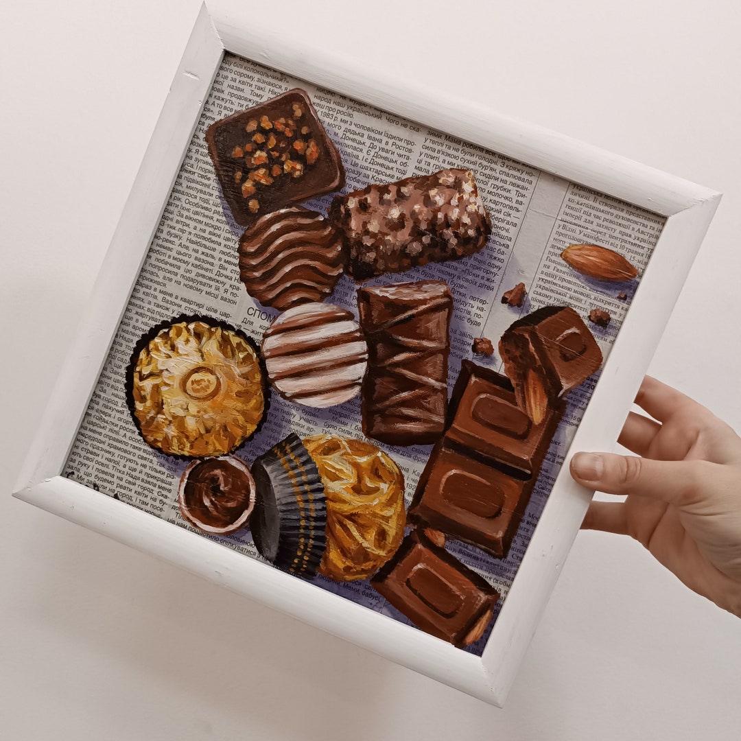 Chocolate Candy Acrylic Painting on Newspaper: Whimsical Dessert Wall ...