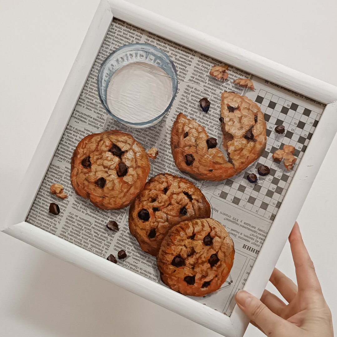 Choco Chip Painting on Newspaper Cookies Acrylic Painting Food Painting ...