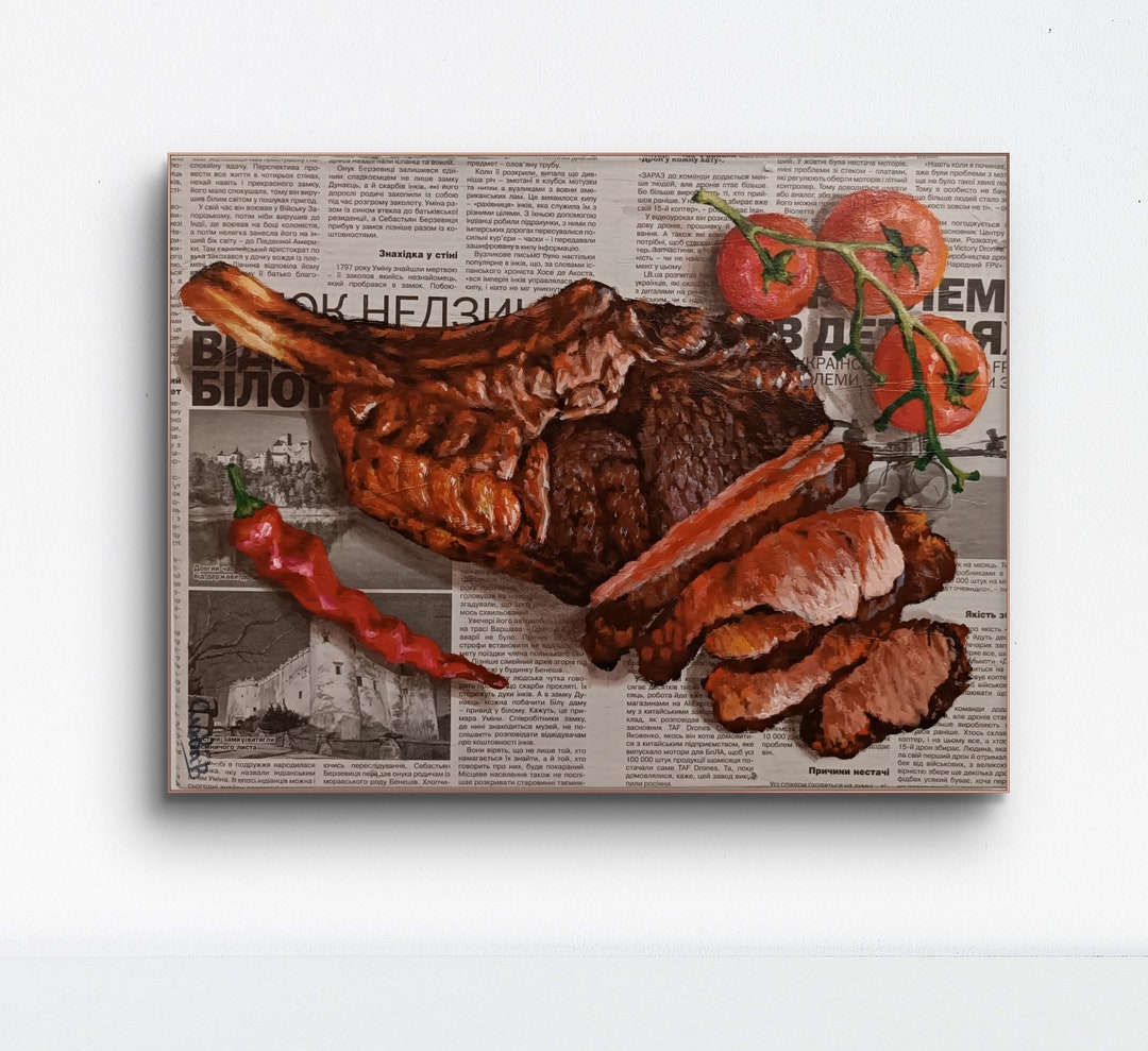 Steak Acrylic Painting on Newspaper: Kitchen Cafe Wall Art - Etsy