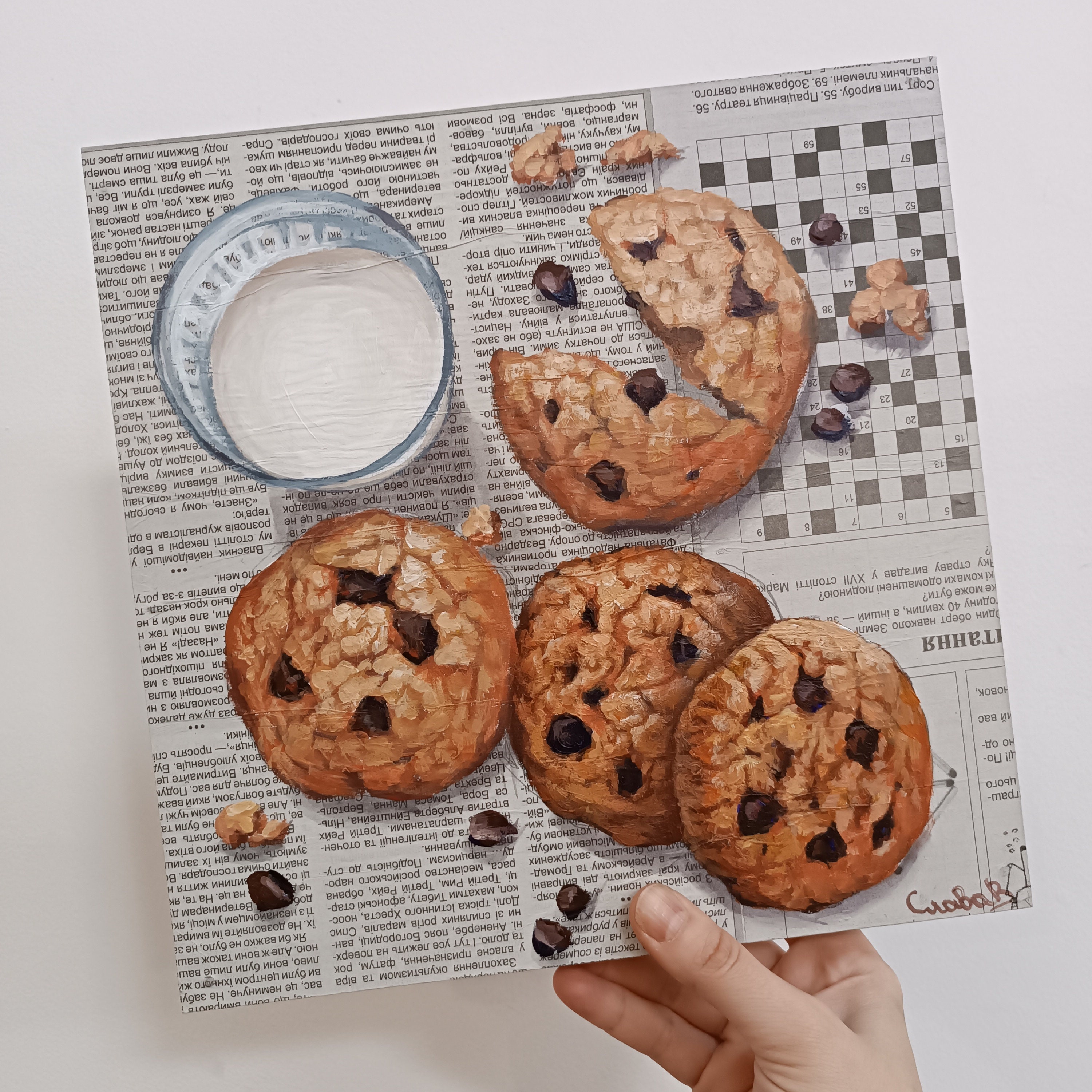 Choco Chip Cookies Acrylic Painting on Newspaper - Bakery Wall Decor ...