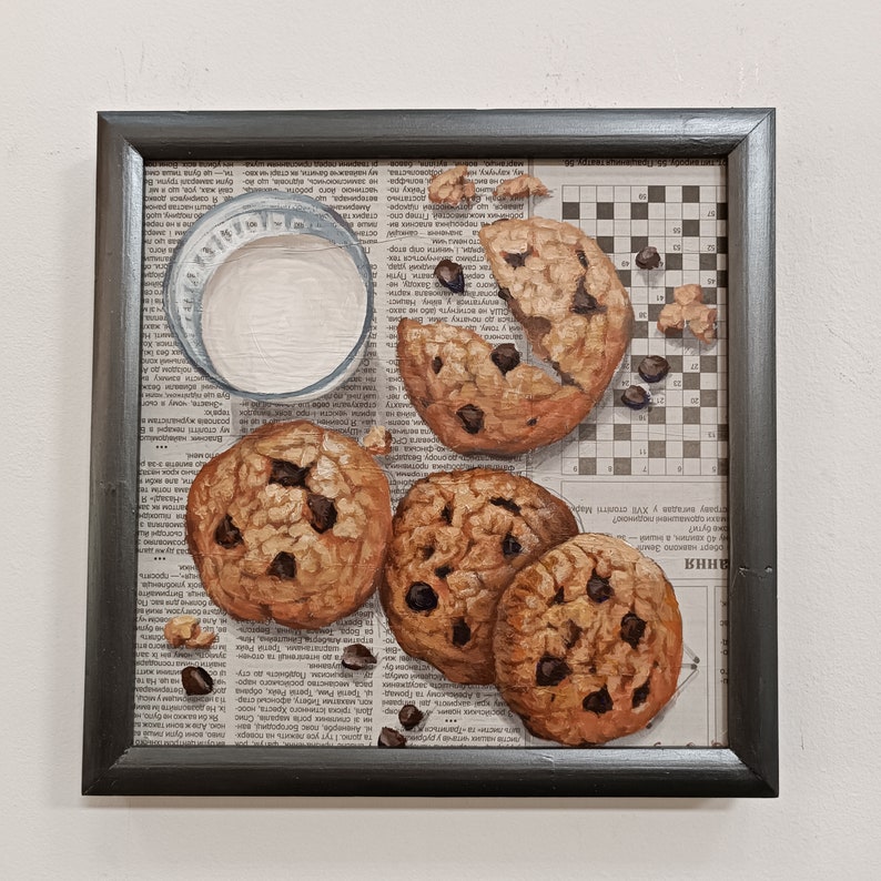 Choco Chip Cookies Acrylic Painting on Newspaper - Bakery Wall Decor ...