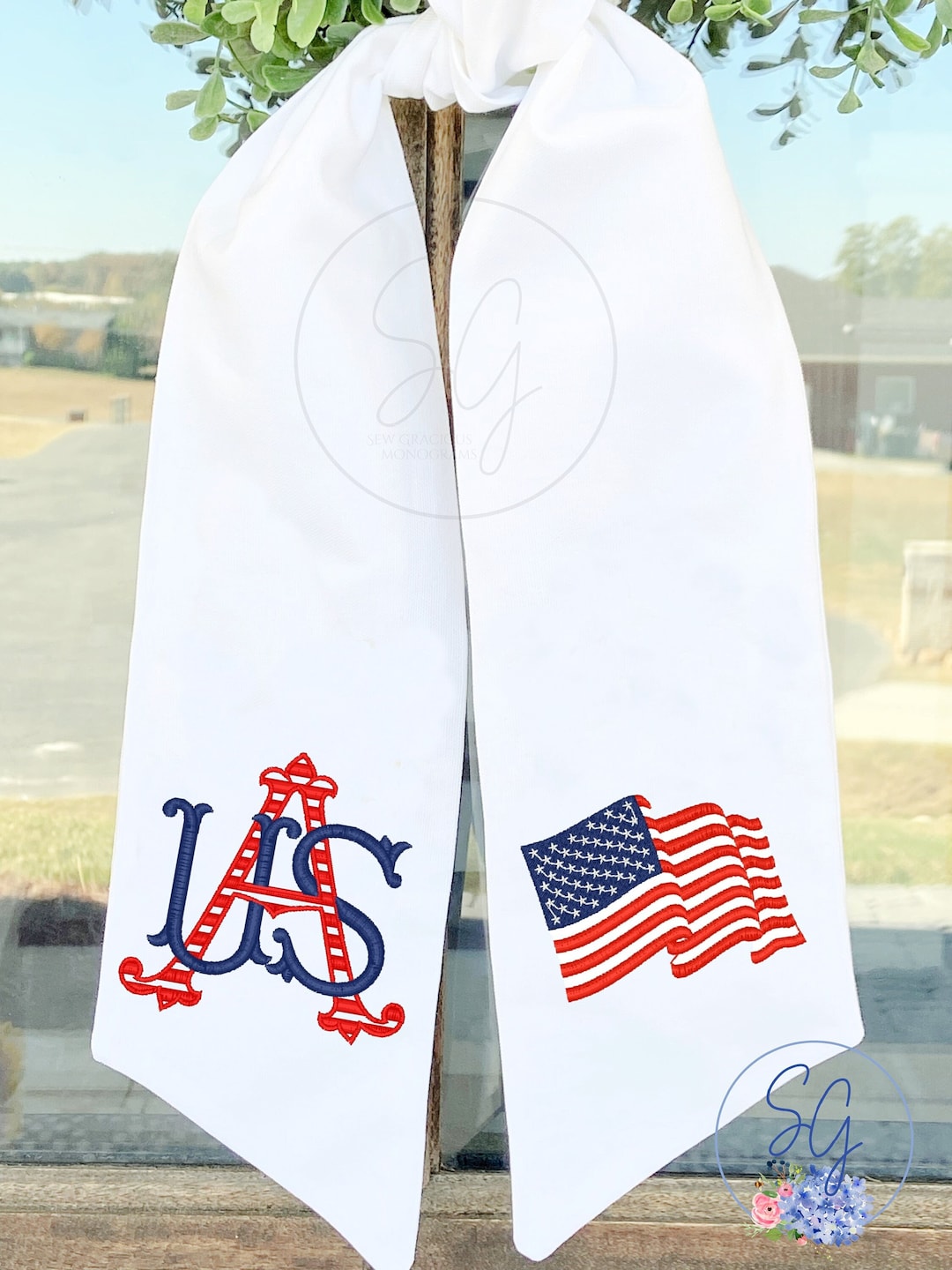 American USA Flag Wreath Sash With Monogram Initial, Embroidered ...