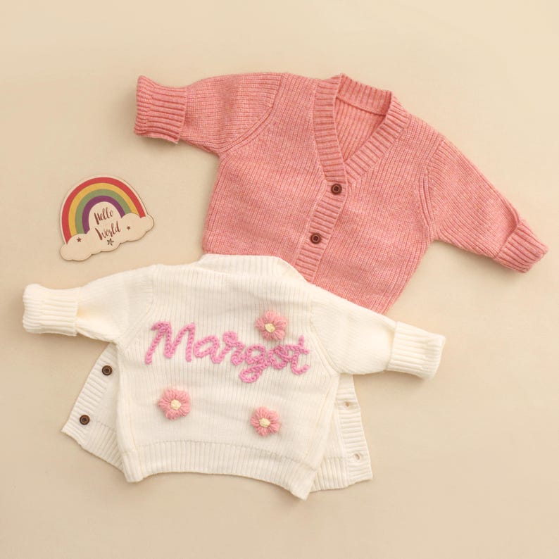 Personalized Hand Knitted Baby Girl Cardigan, Embroidered Baby Cardigan ...