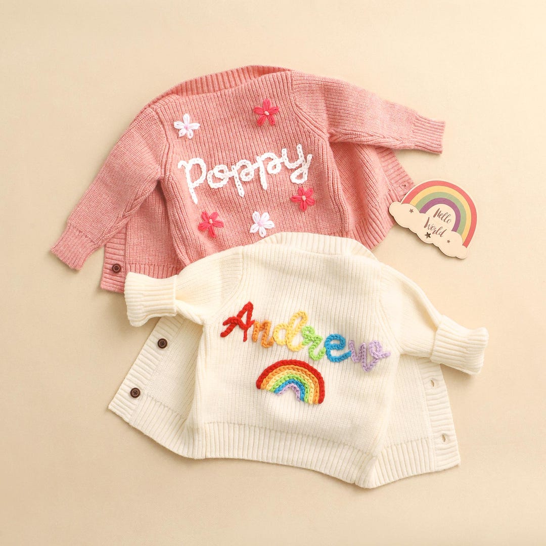 Personalized Hand Knitted Baby Girl Cardigan, Embroidered Baby Cardigan ...