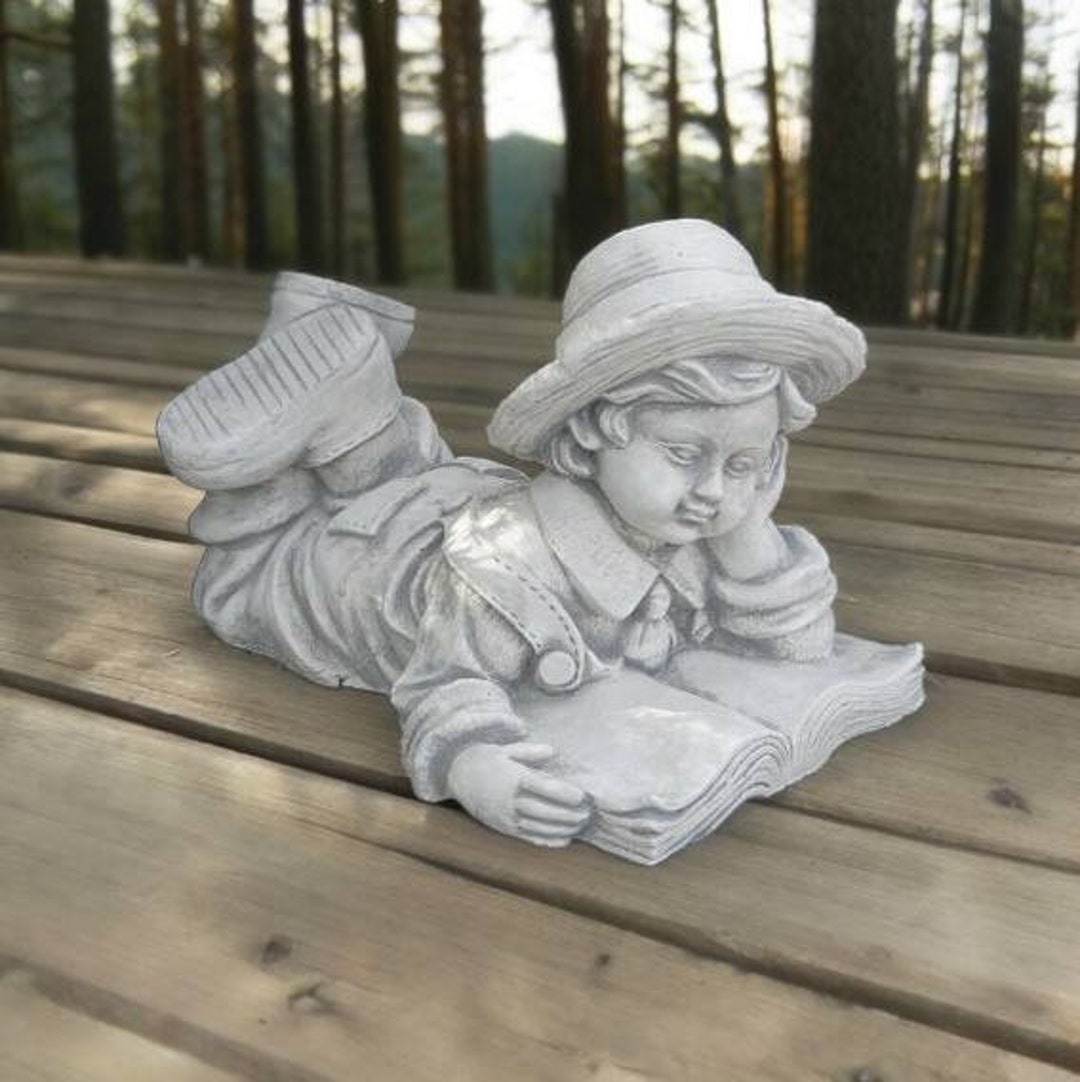 Boy Reading a Book Statue, Detailed Child Figurine, Stone Boy With Book ...