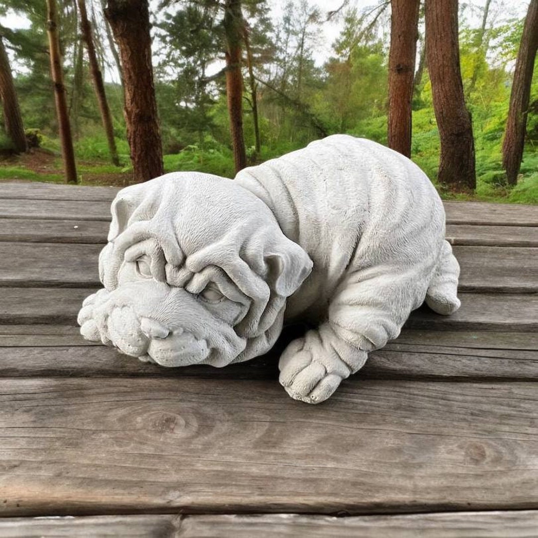 Laying Wrinkled Dog Statue Resting Bulldog Concrete Figure Dog Memorial ...