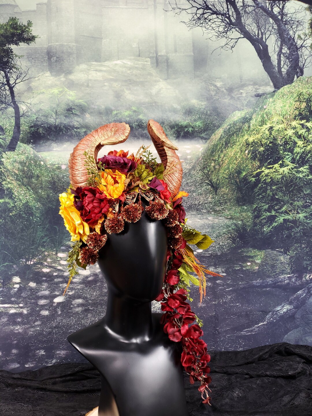 Autumn Goddess Headdress, Horned Satyr Forest Headpiece, Fall Maenad ...
