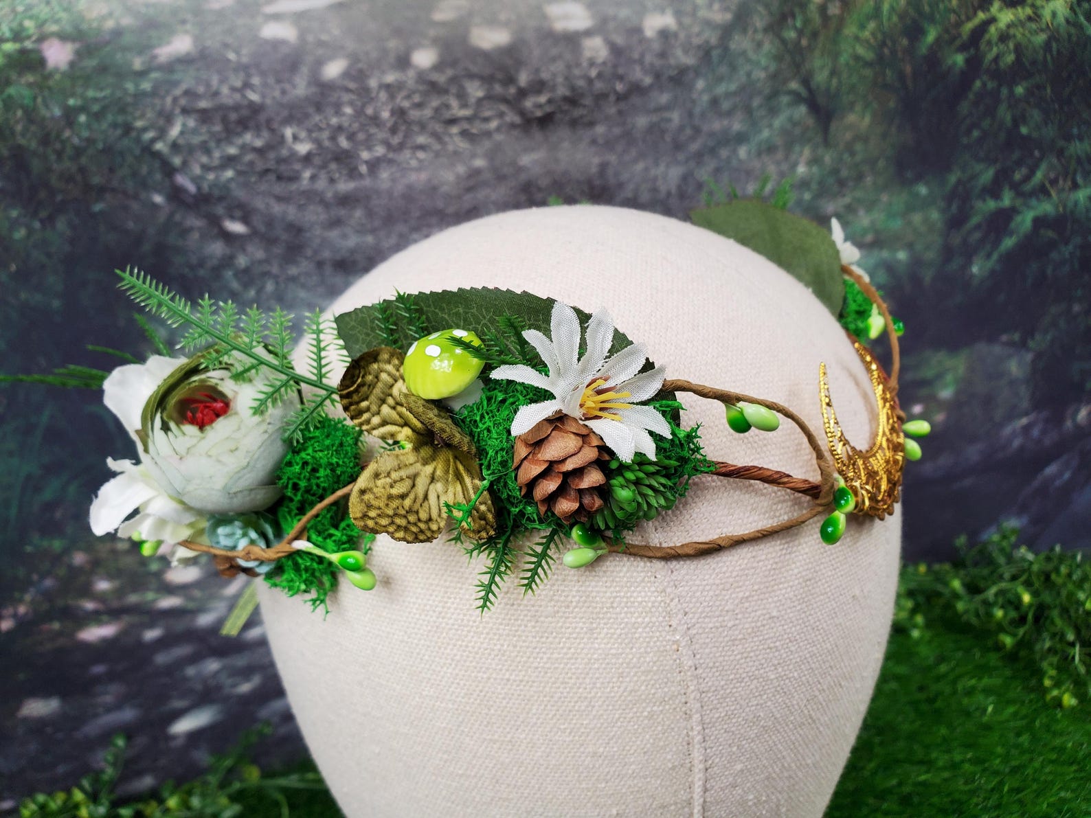 Woodland Moss and Florals Circlet - Gold Moon Flowercrown - Earthy ...