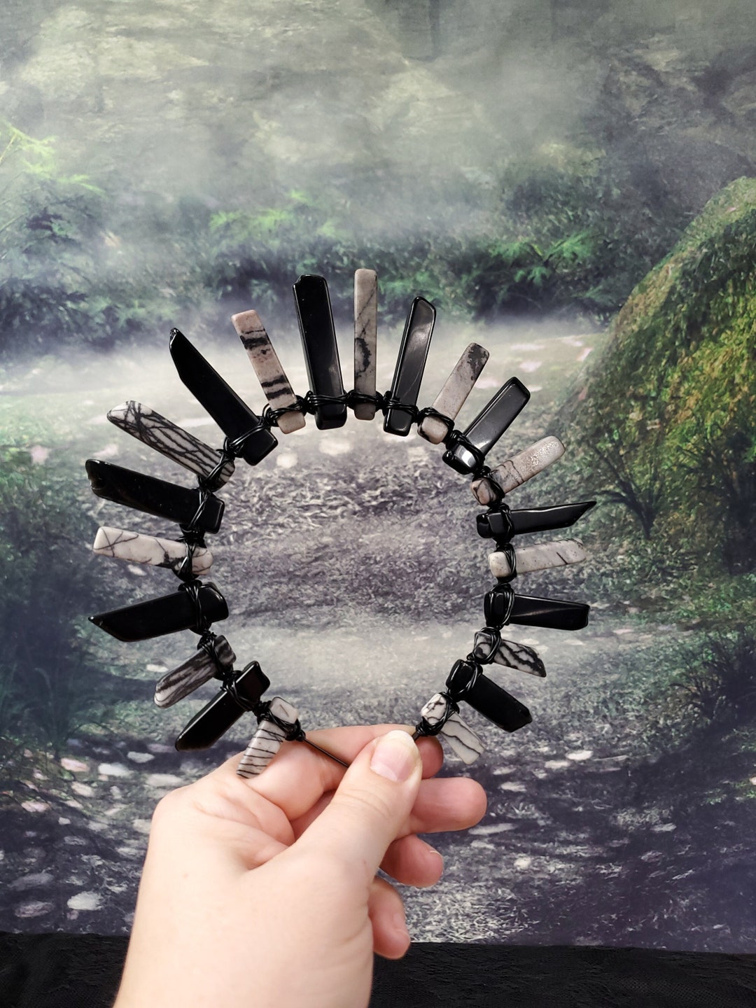 Midnight and Shadow Crystal Crown - Picasso Jasper and Black Agate Halo ...