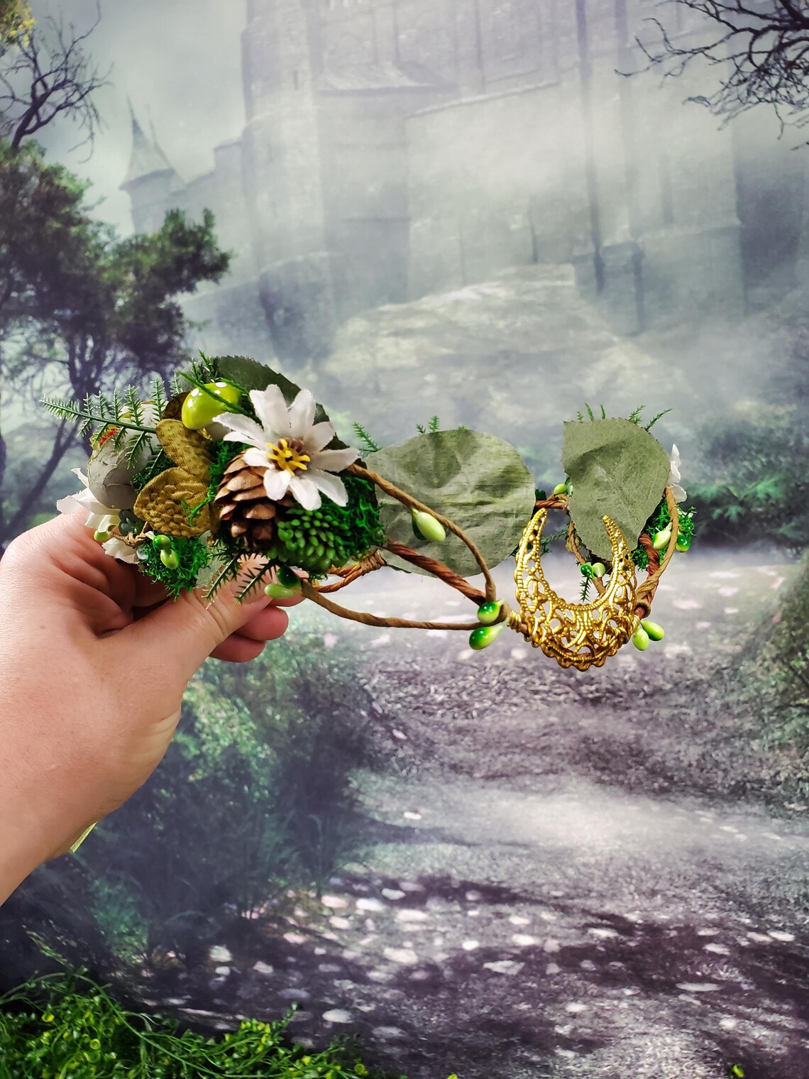 Woodland Moss and Florals Circlet - Gold Moon Flowercrown - Earthy ...